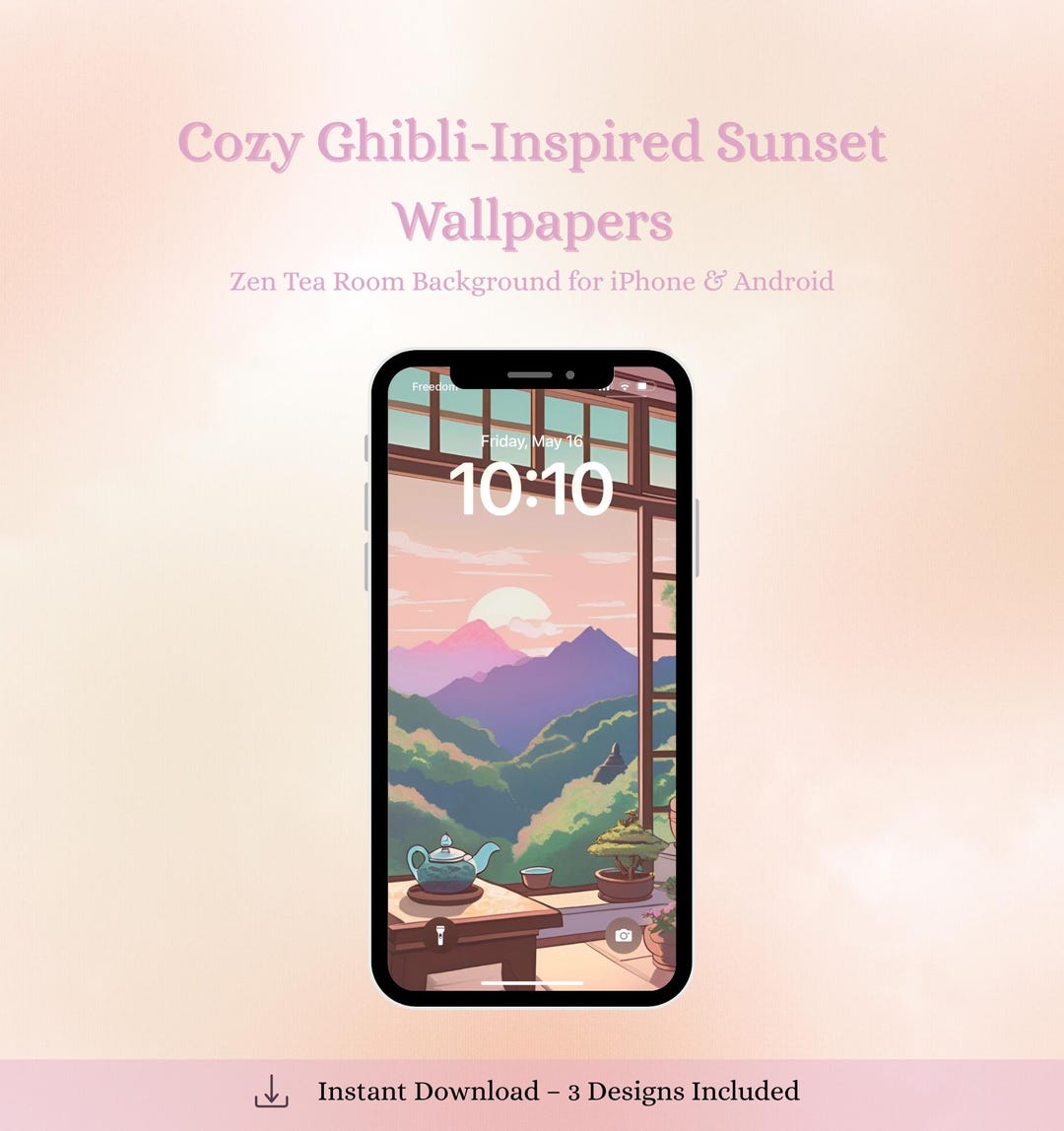 Tea Room Phone Wallpaper Ghibli Inspired Mountain Sunset Lock Screen Background for iPhone and ...