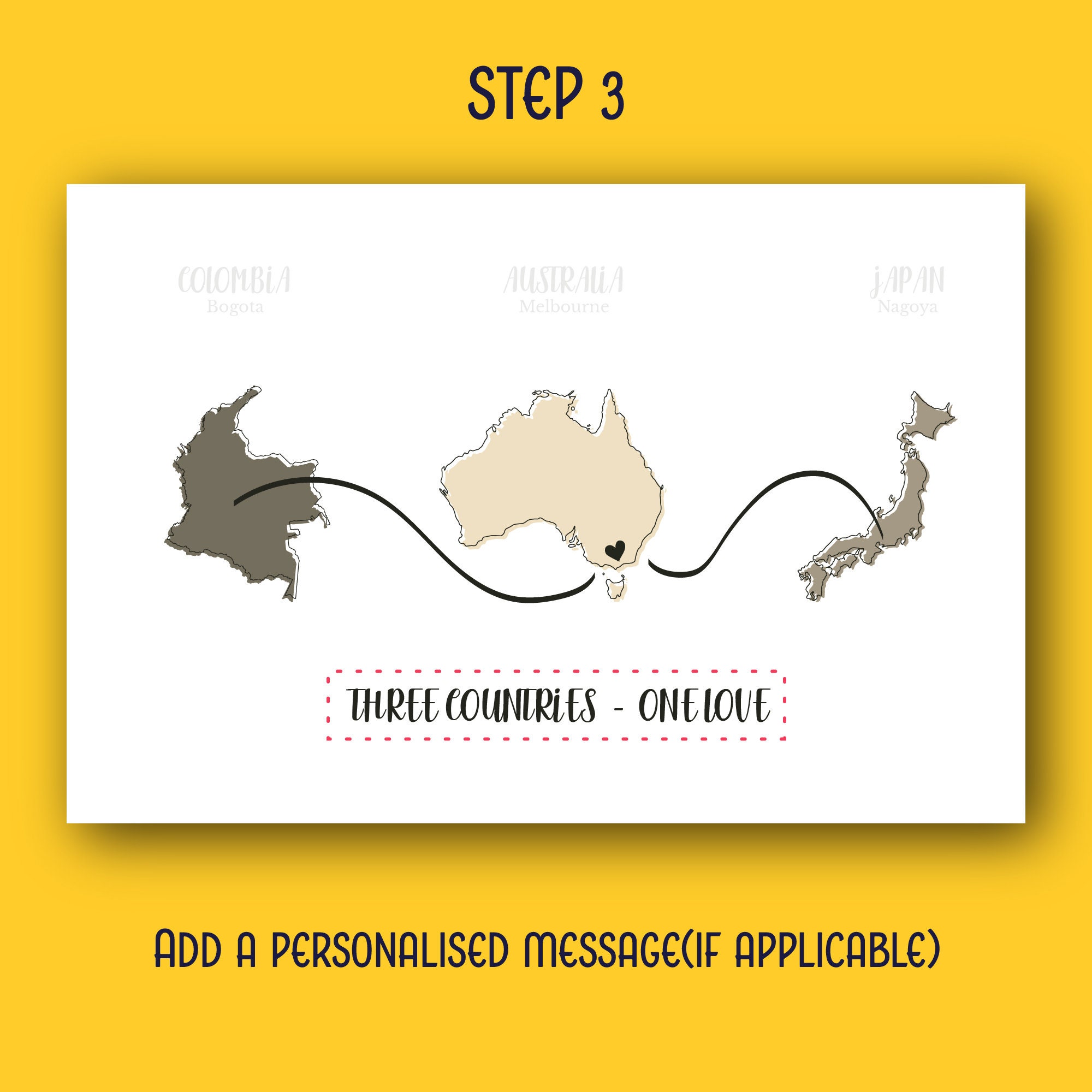 Personalise Printable Long Distance Map Gift Any Three Country City ...