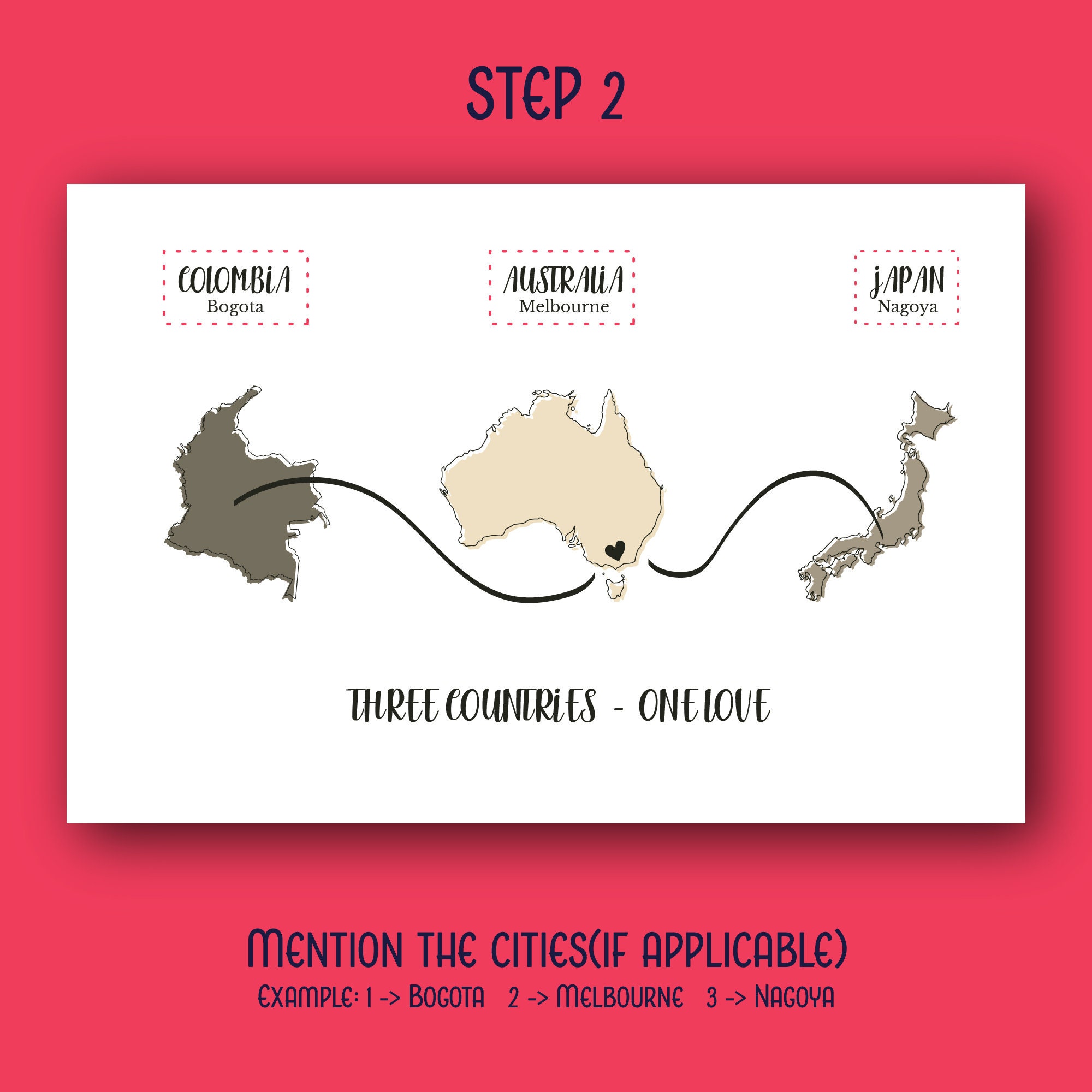 Personalise Printable Long Distance Map Gift Any Three Country City ...