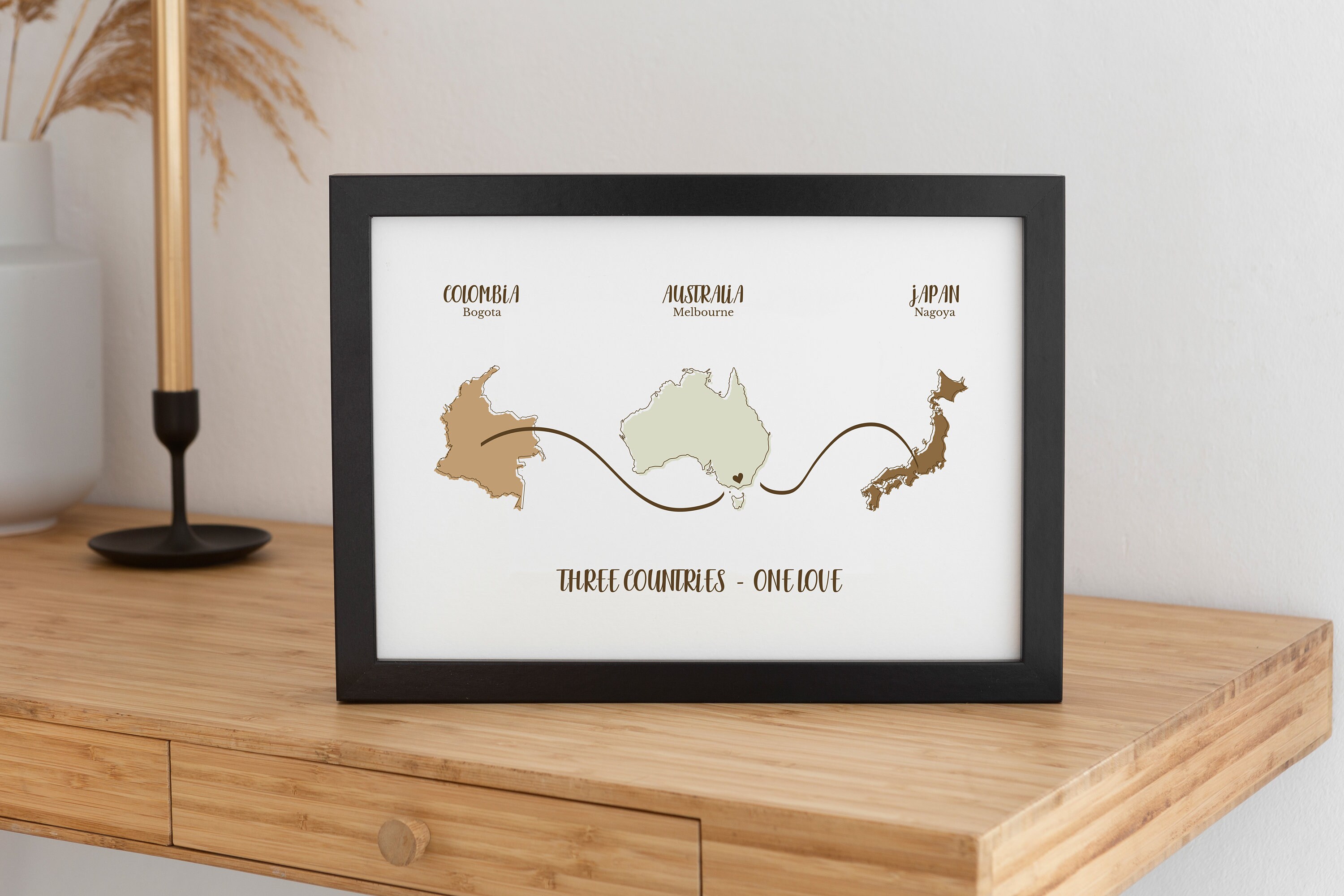 Personalise Printable Long Distance Map Gift Any Three Country City ...