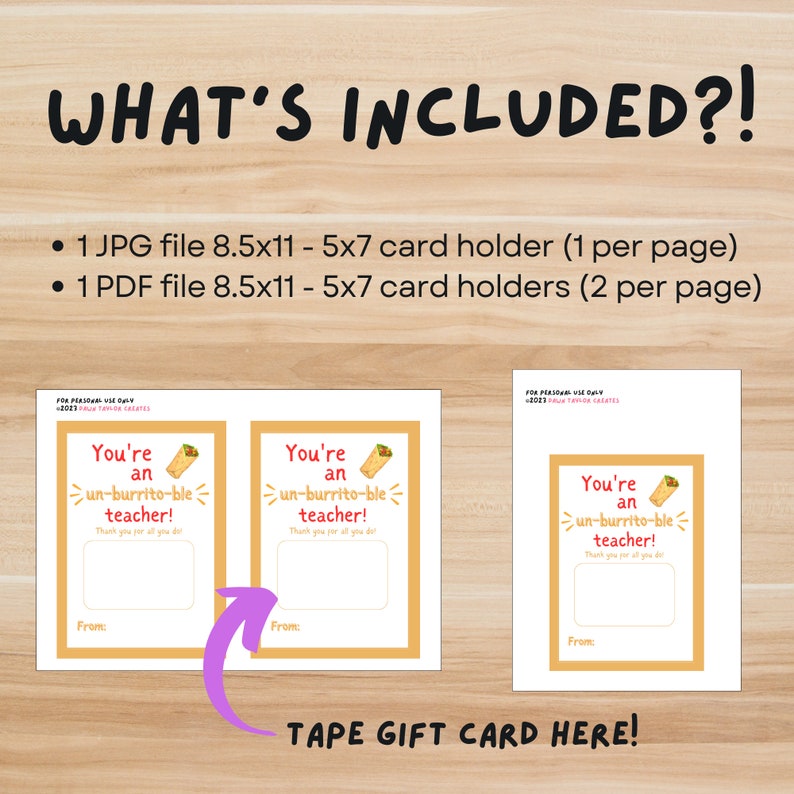 Printable Teacher Gift Thank You Teacher Gift Card Holder Burrito Gift ...