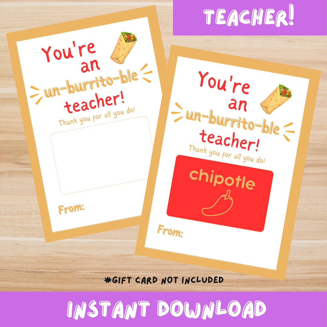 Printable Teacher Gift Thank You Teacher Gift Card Holder Burrito Gift ...