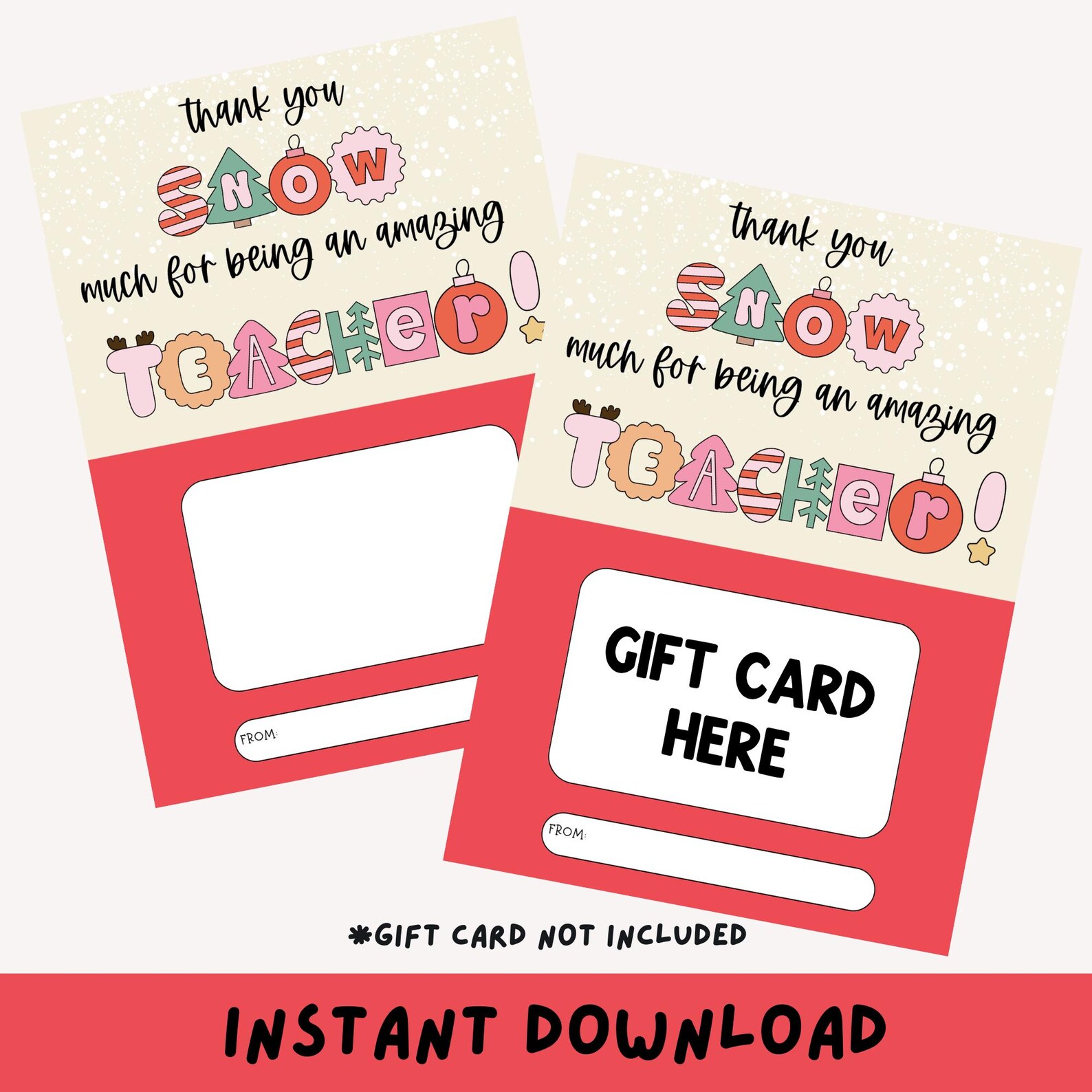 Printable Teacher Gift Card Christmas Gift for Teacher Thank You ...