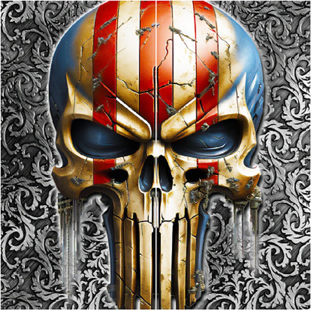 Laminated Punisher Style Skull on Metal Background Cornhole Wrap Set ...
