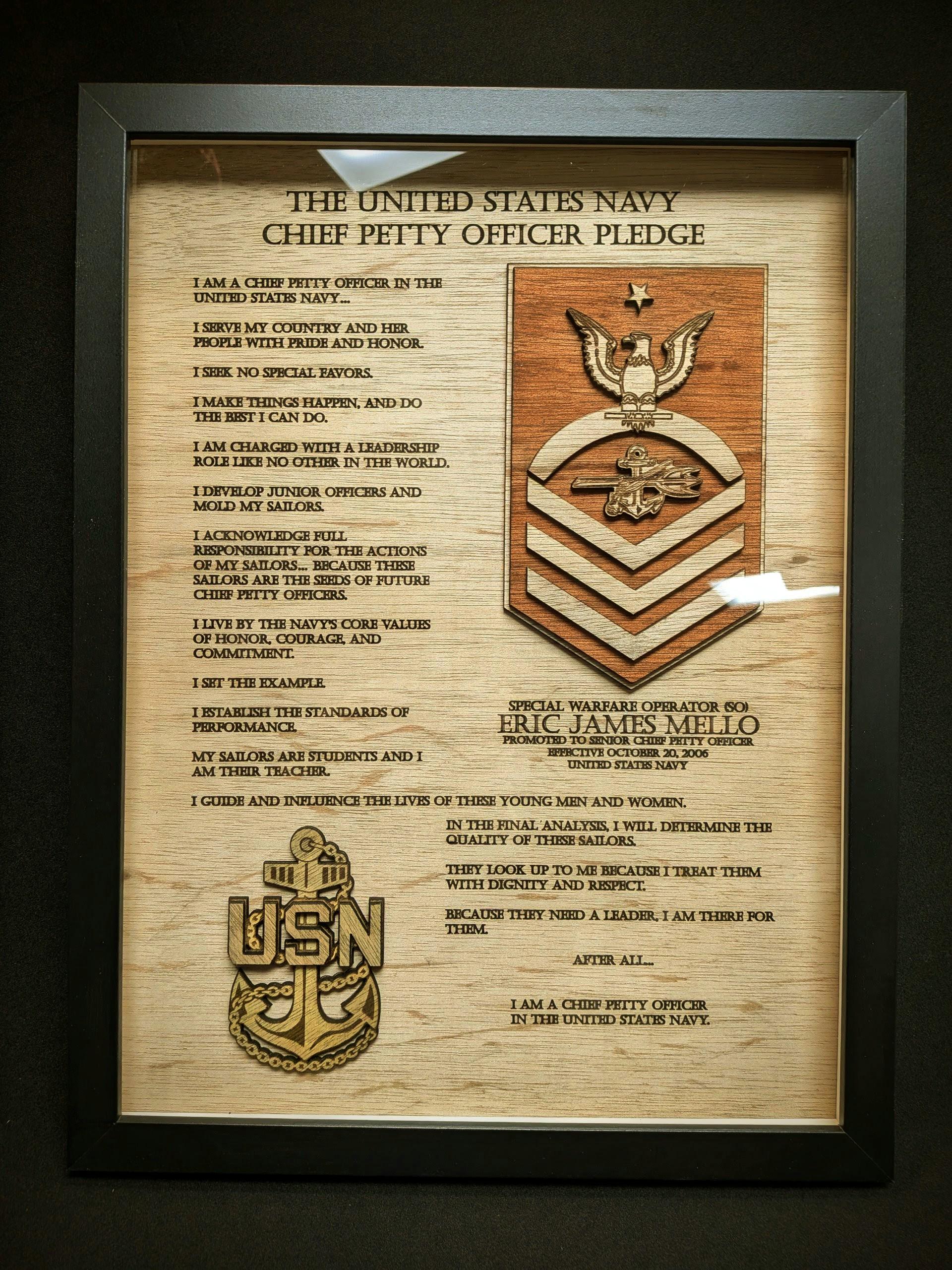 US Navy (E7-E9) Chief Petty Officer CPO Promotion Creed Framed Art ...