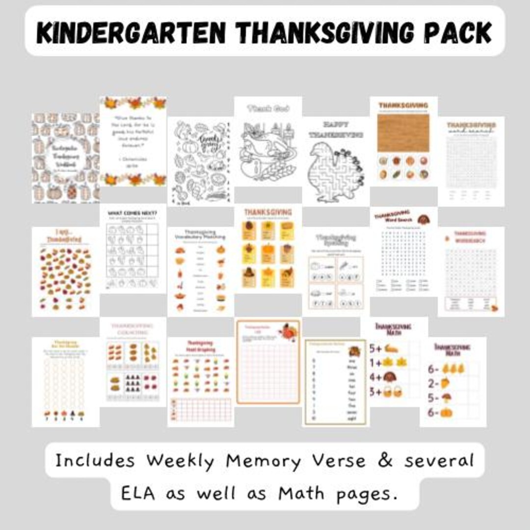Kindergarten Thanksgiving Learning Pack With Bible, ELA, and Math - Etsy