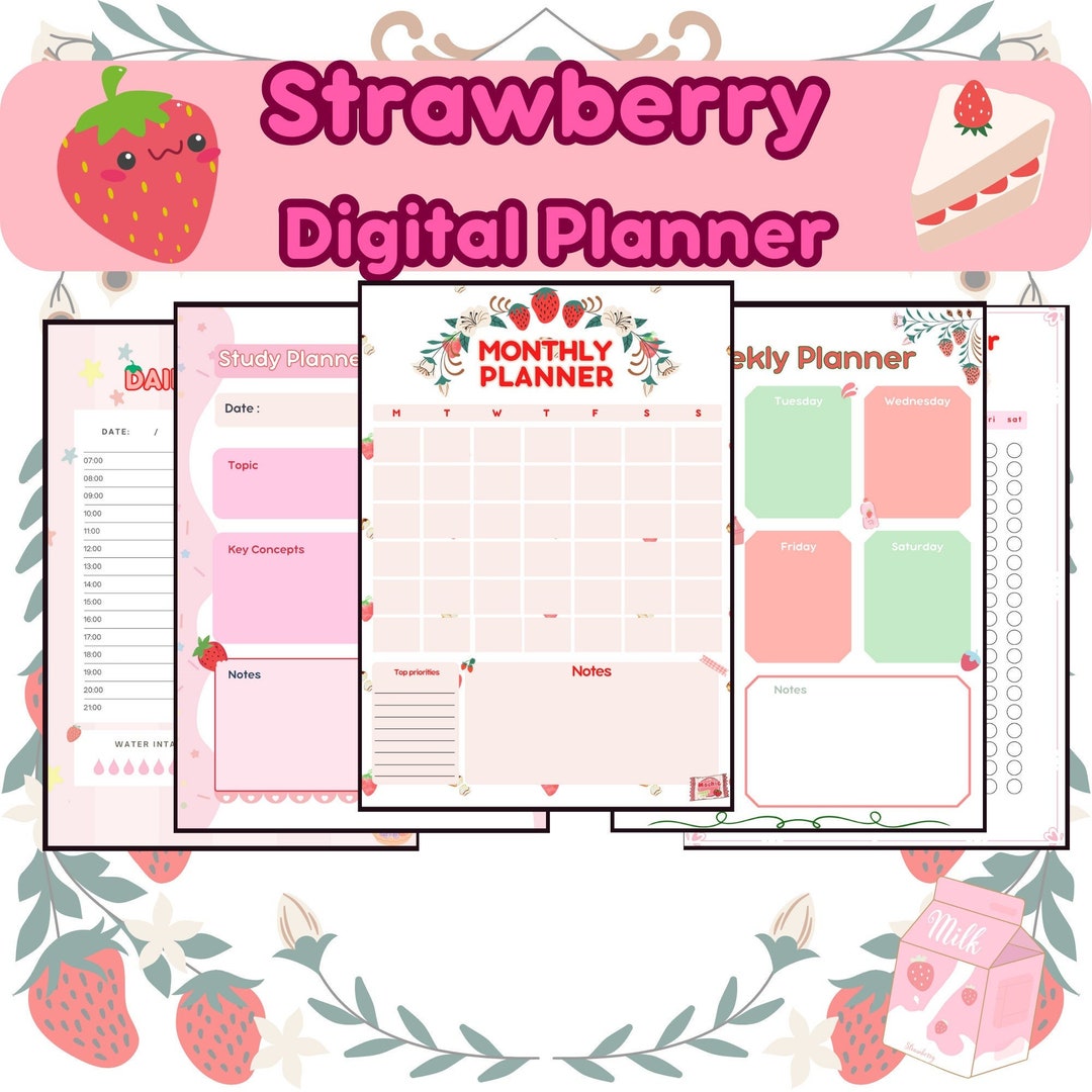 Kawaii Strawberry Themed Digital Planner, Kawaii Digital Planners ...