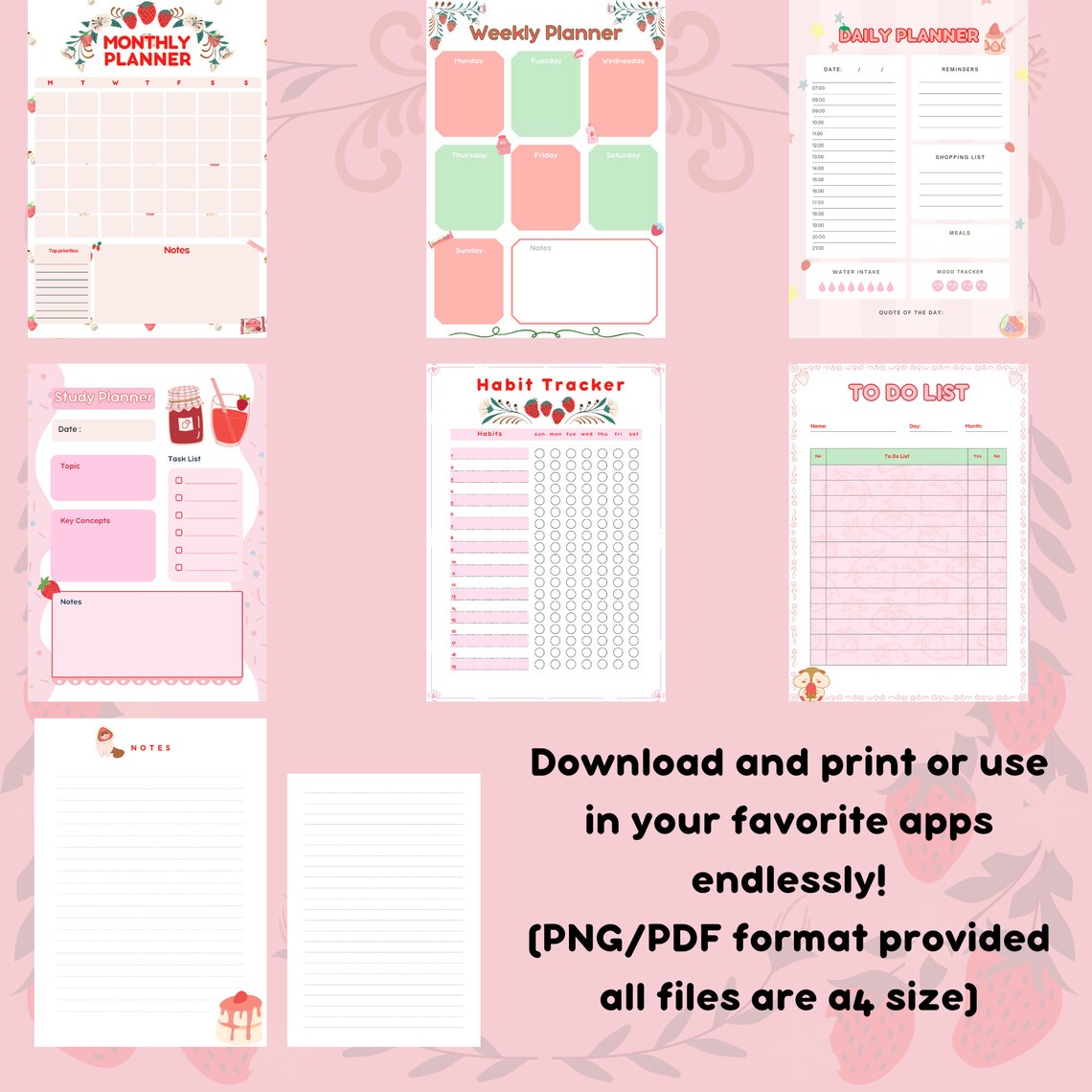 Kawaii Strawberry Themed Digital Planner, Kawaii Digital Planners ...