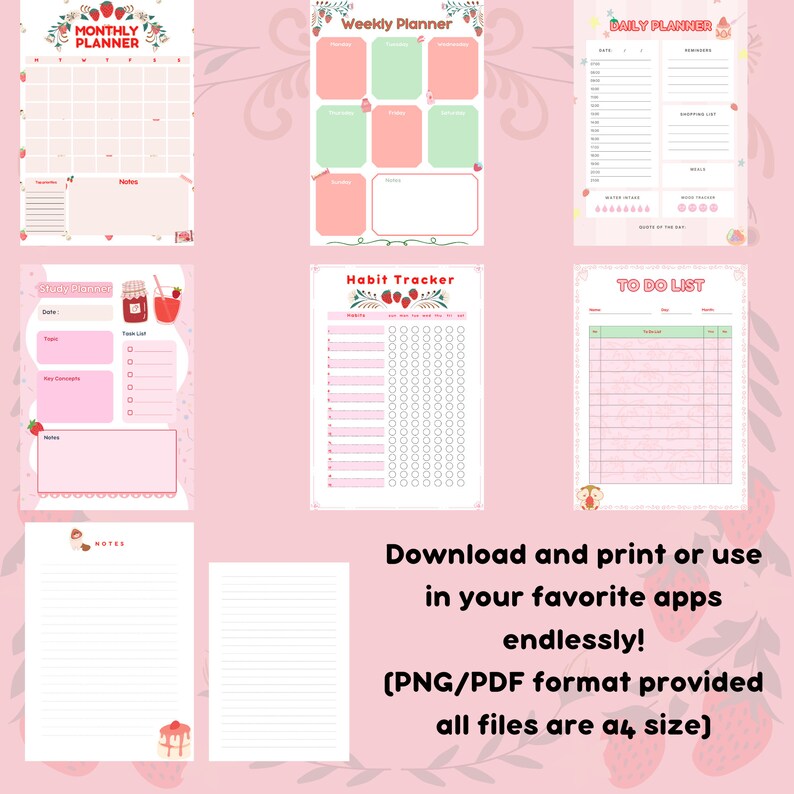 Kawaii Strawberry Themed Digital Planner, Kawaii Digital Planners ...