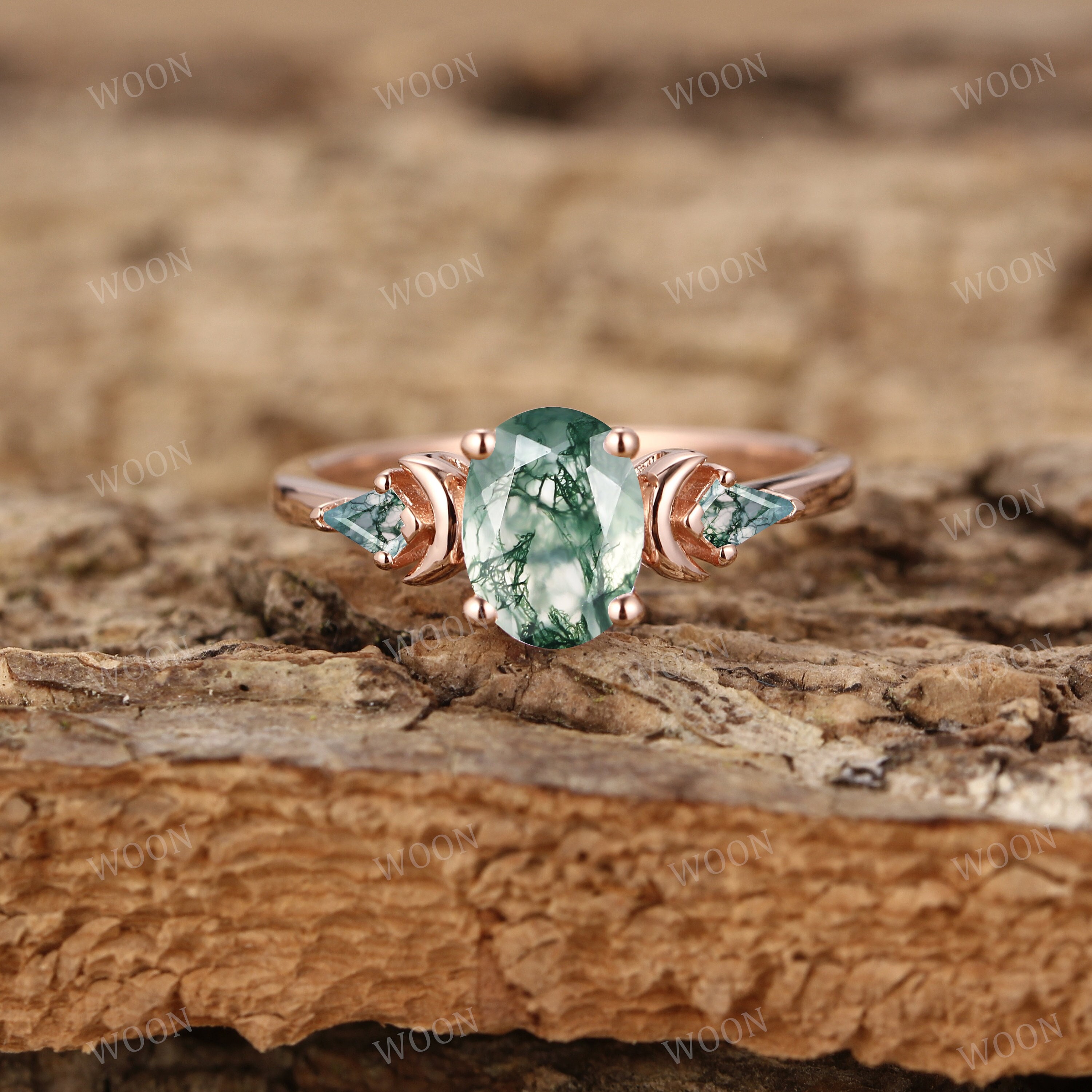 Vintage Oval Moss Agate Engagement Ring: 14K Gold Moon Ring - Etsy
