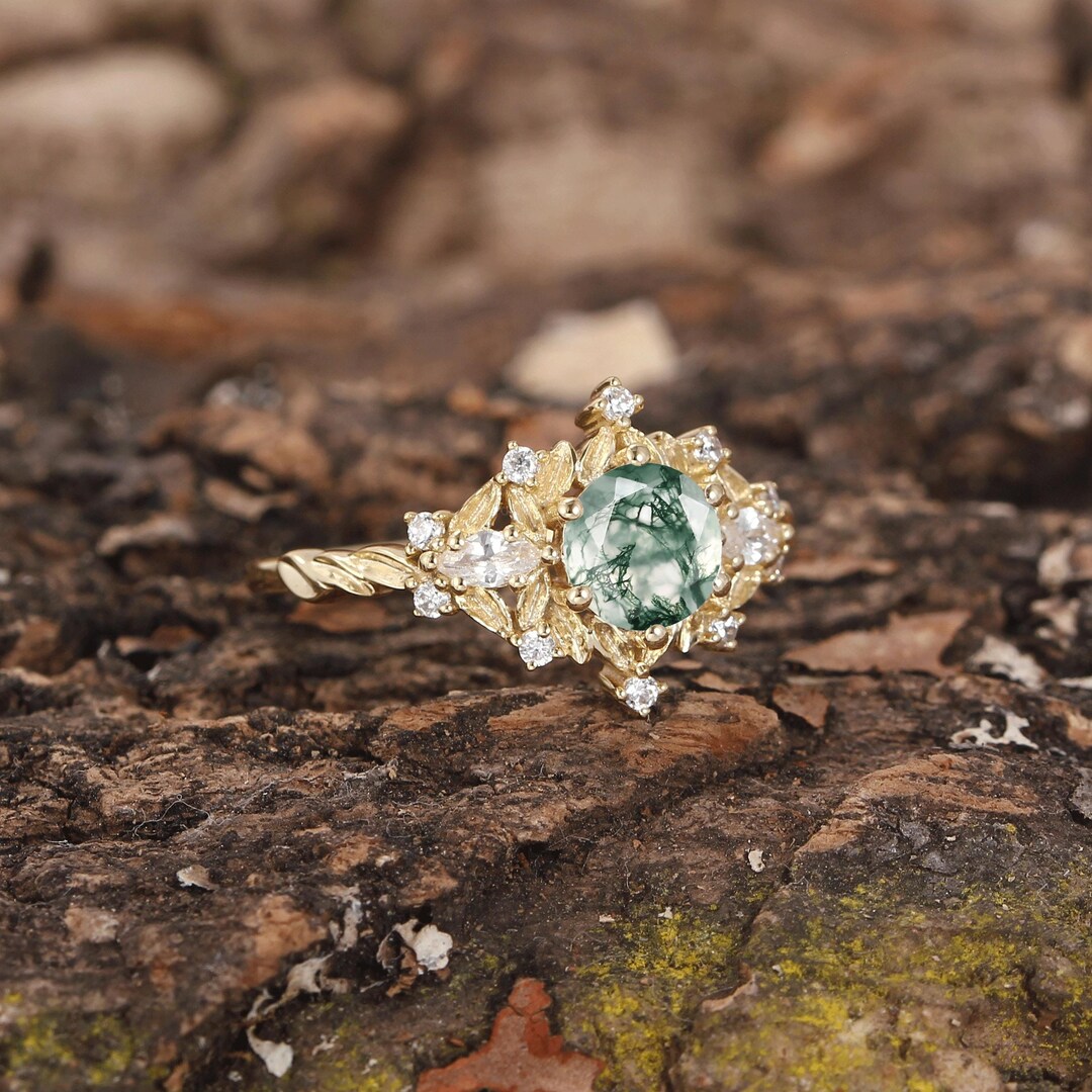 Moss Agate Engagement Ring: 10K Gold Art Deco Diamond Moissanite Ring ...