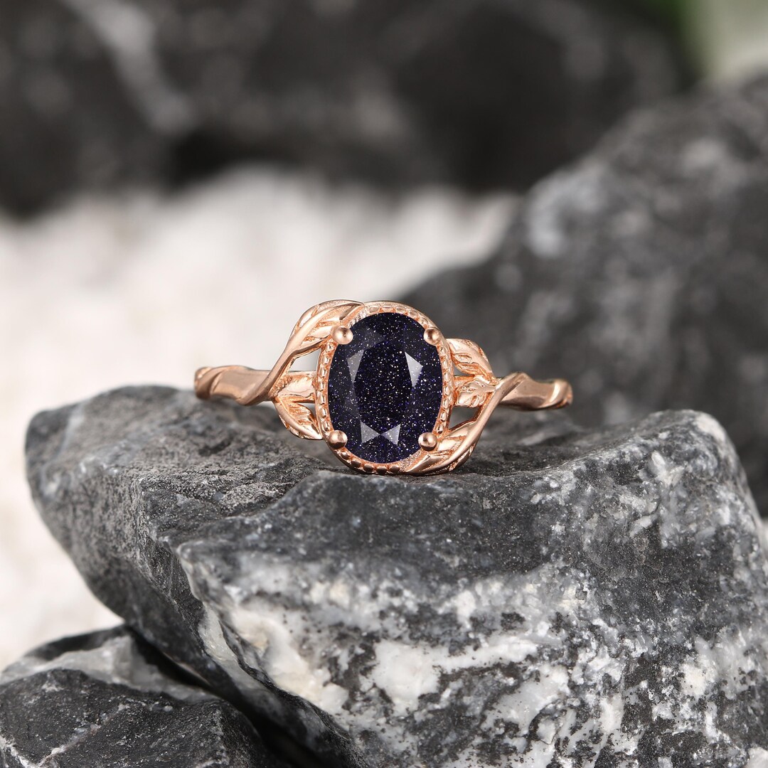Orion Nebula Ring 14K Rose Gold Oval Blue Galaxy Sandstone Engagement ...
