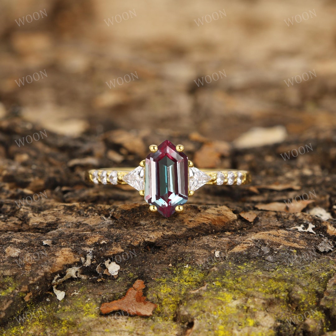 Alexandrite Engagement Ring Hexagon Cut Color Changing Stone Ring 14k ...