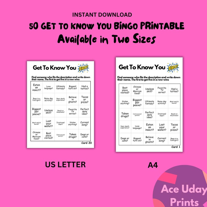 50 Get to Know You Bingo Cards | US Letter, A4 | Full & Half Pages ...