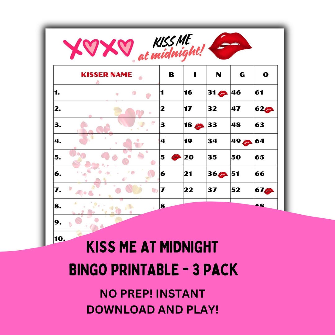 Kiss Me at Midnight Printable Bingo Cards | NYE Party Bingo Board PDF ...