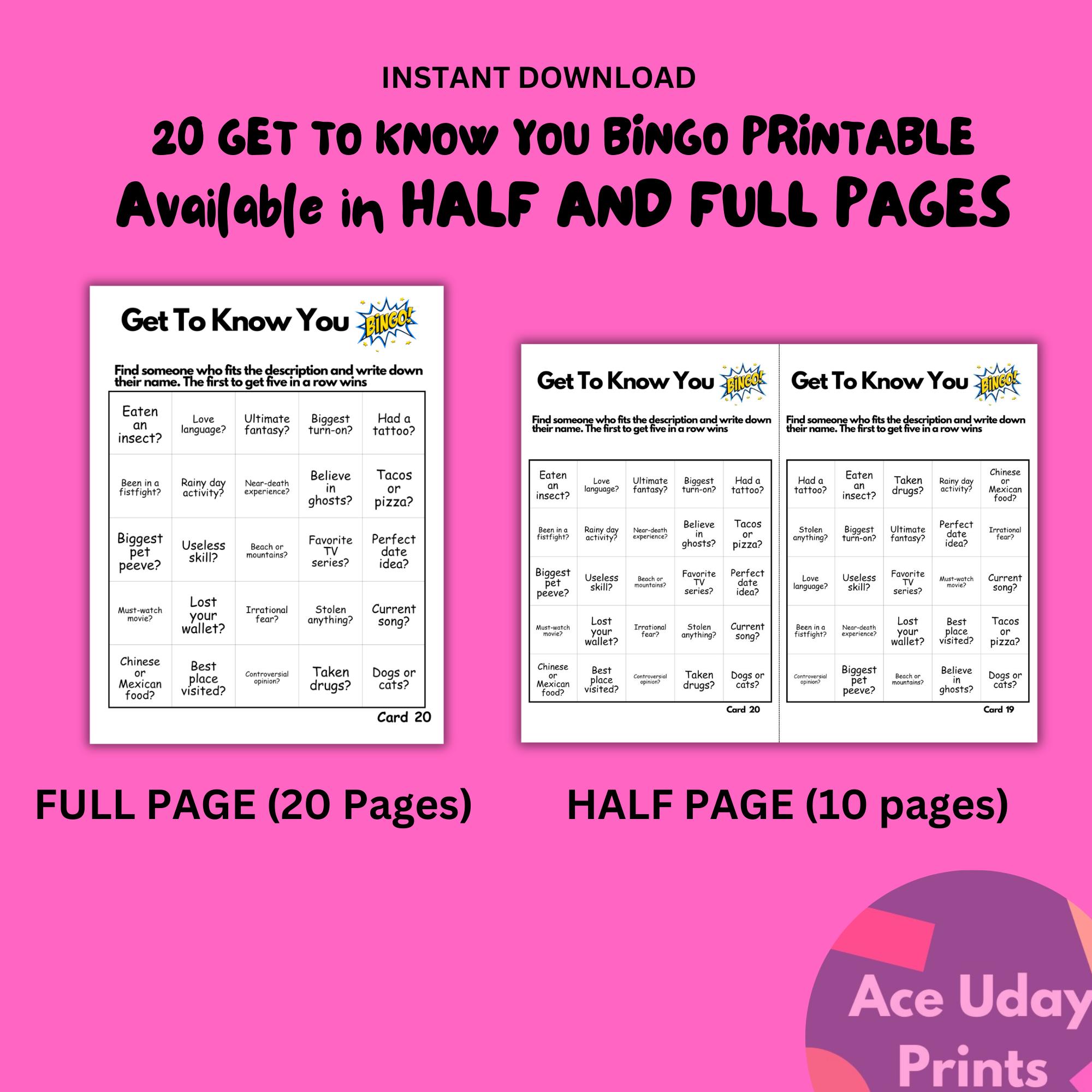 20 Get to Know You Bingo Cards | US Letter, A4 | Full & Half Pages ...