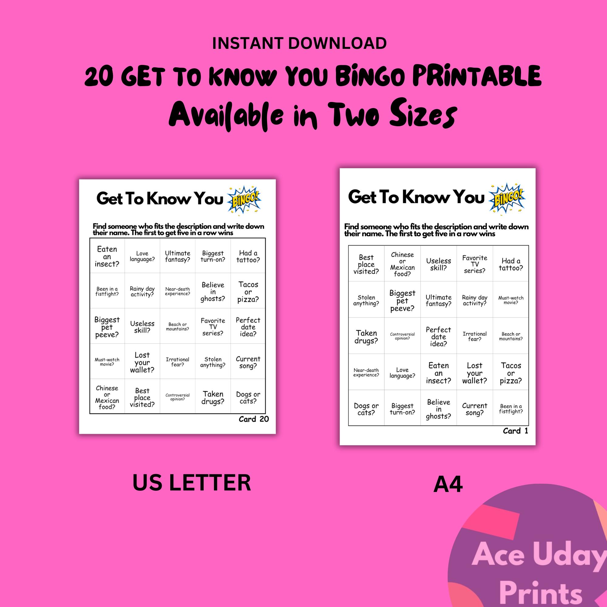 20 Get to Know You Bingo Cards | US Letter, A4 | Full & Half Pages ...