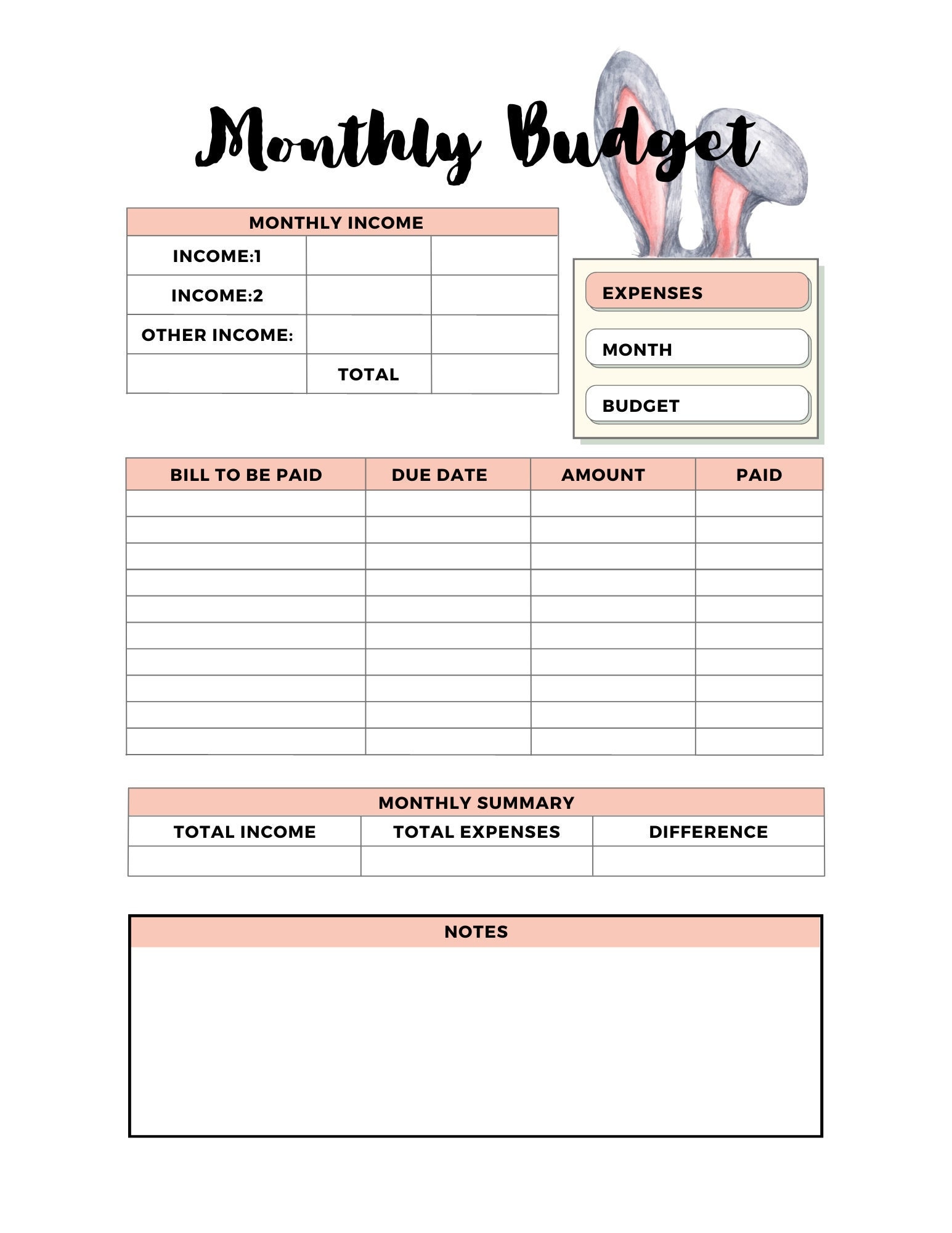 Income & Expense Tracker Printable | Business Financial Planner | Bill ...
