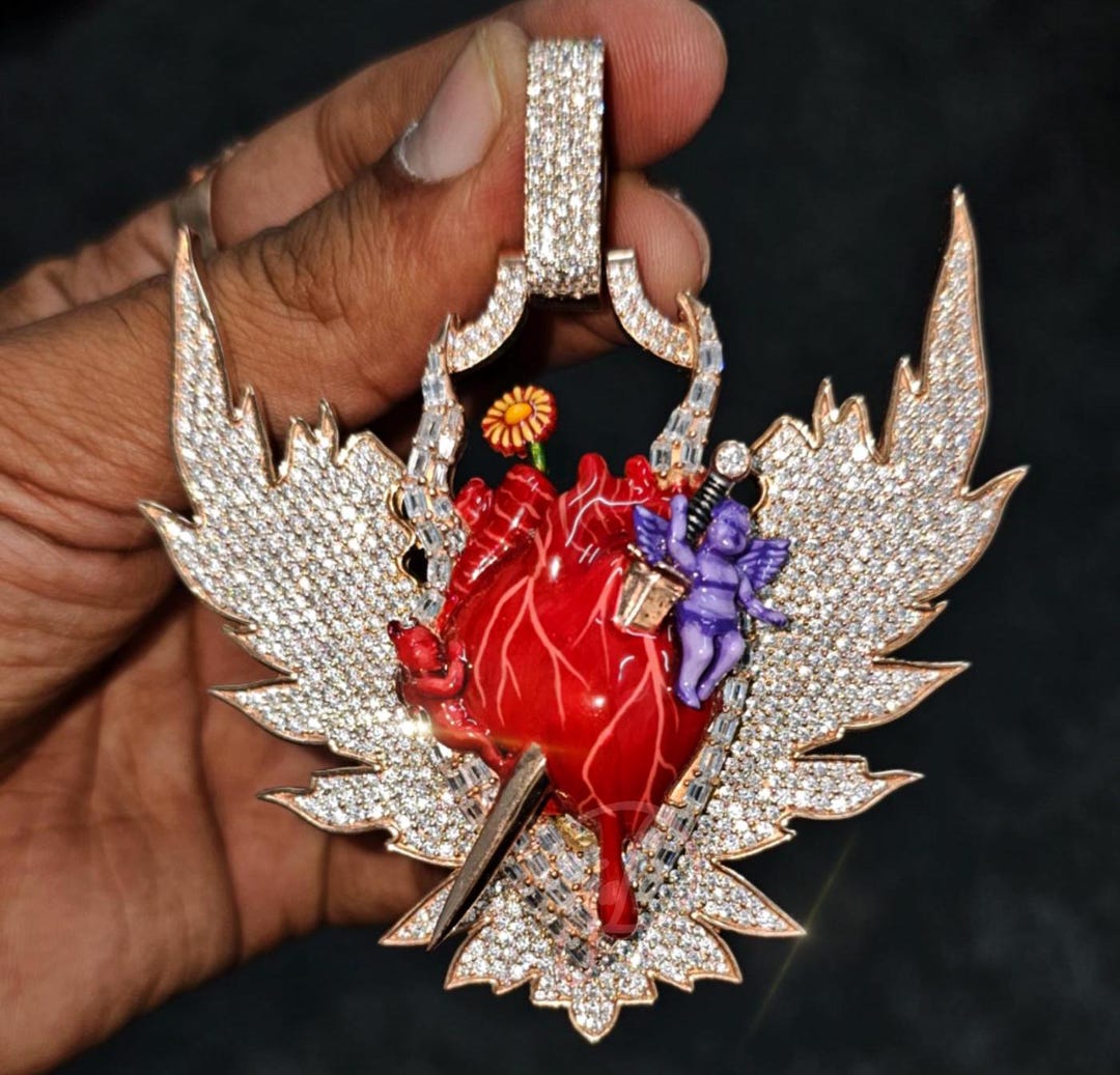 Custom Angel Red Heart Leaf 925 Silver 16ct Moissanite Baguette Icedout ...