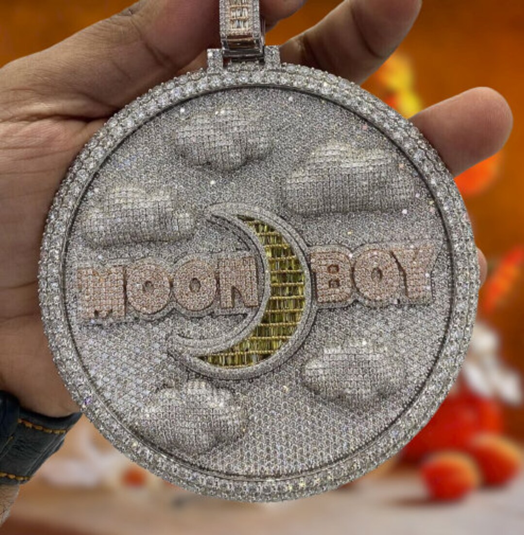 Custom Name 925 Silver Medallion: Moon Boy CZ Iced Out Pendant - Etsy
