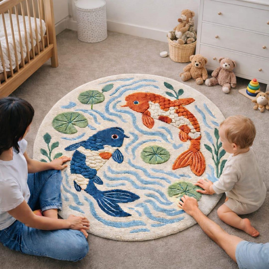 Hand-tufted Wool Koi Fish Pound Rug – Handmade Tufted Round Japanese ...
