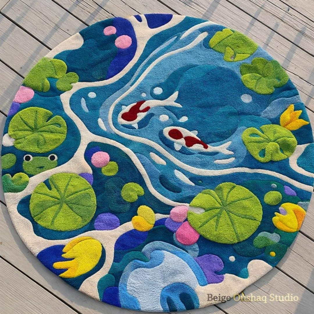 Hand-tufted Round Koi Fish Rug – 3D Lily Pad & Frog Carpet - Etsy