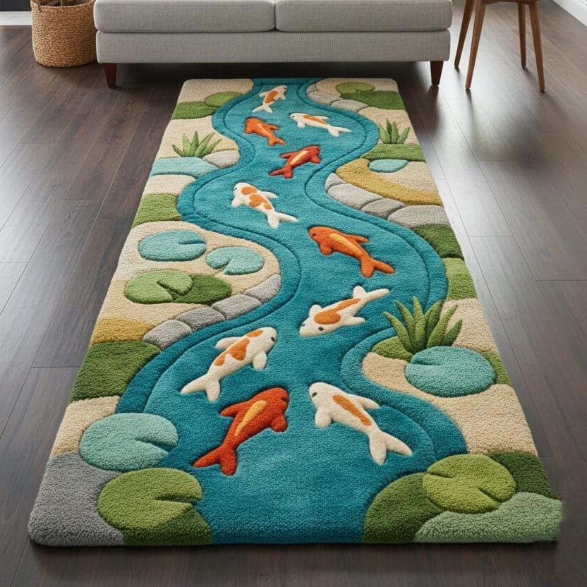 Hand Tufted Wool Koi Fish River Runner Rug , Japanese Style Pond Carp ...