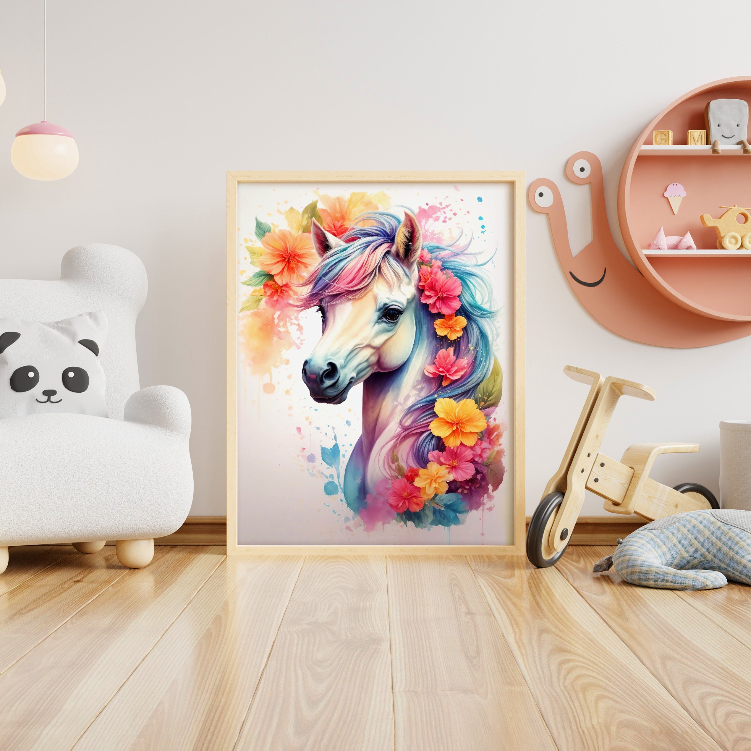 Cute Baby Horse With Flower Wall Art Print, Playful Equine Watercolor ...