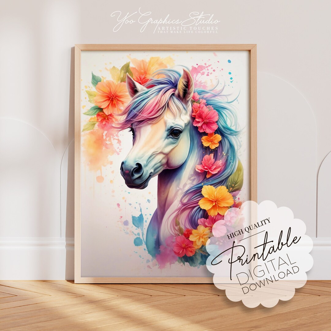 Cute Baby Horse With Flower Wall Art Print, Playful Equine Watercolor ...