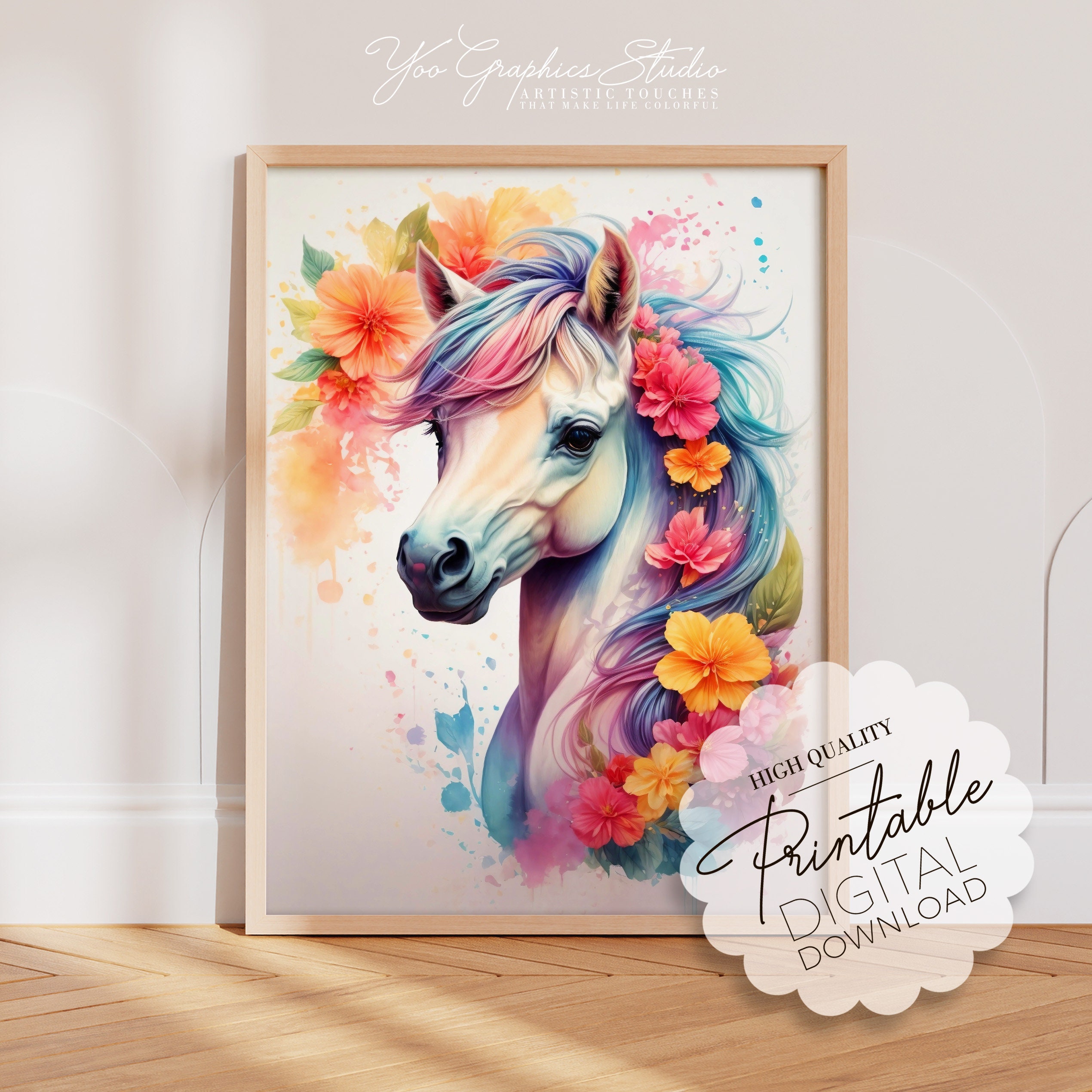 Cute Baby Horse With Flower Wall Art Print, Playful Equine Watercolor ...