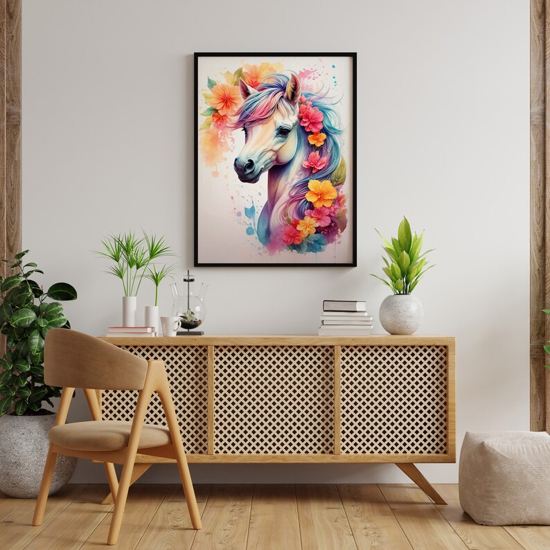 Cute Baby Horse With Flower Wall Art Print, Playful Equine Watercolor ...