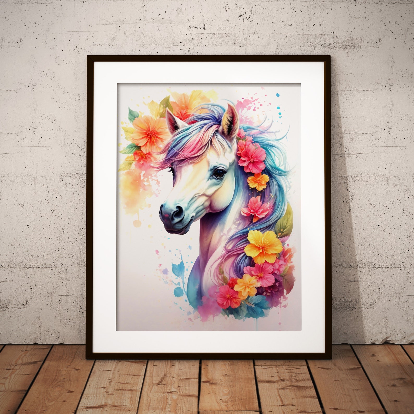 Cute Baby Horse With Flower Wall Art Print, Playful Equine Watercolor ...