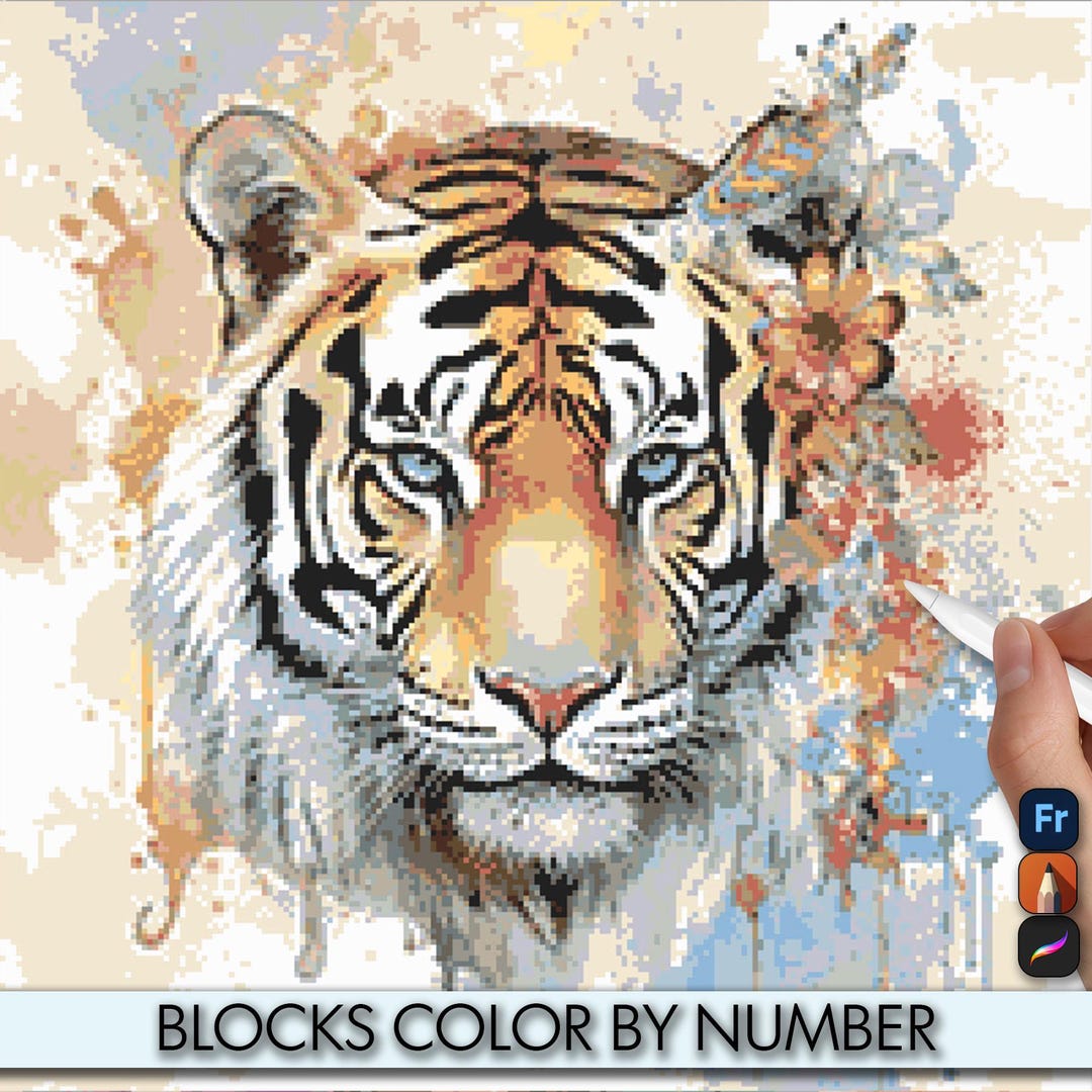 Boho Tiger 1 Blocks Coloring Pages - Watercolor Pixel Art - Procreate ...