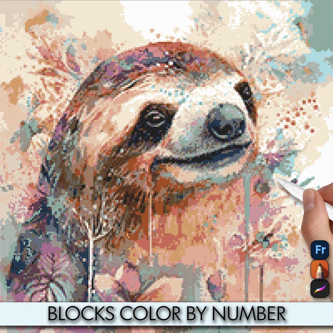 Boho Sloth 1 Blocks Coloring Pages - Watercolor Pixel Art - Procreate ...
