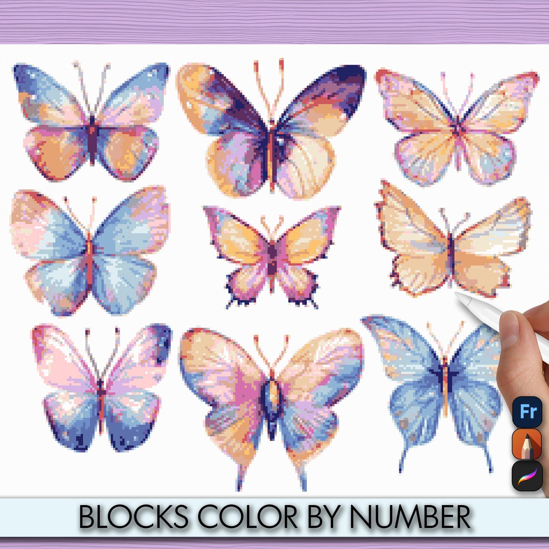 Butterflies 1 Blocks Coloring Pages - Watercolor Pixel Art - Procreate ...