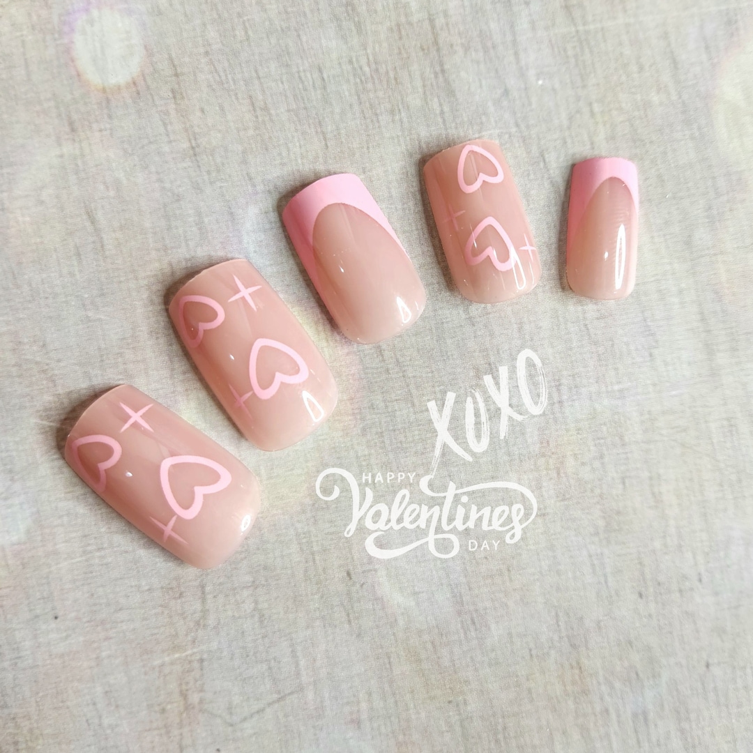 Pink French Tip Press on Nails: Square Heart Design (24 Pcs) - Etsy