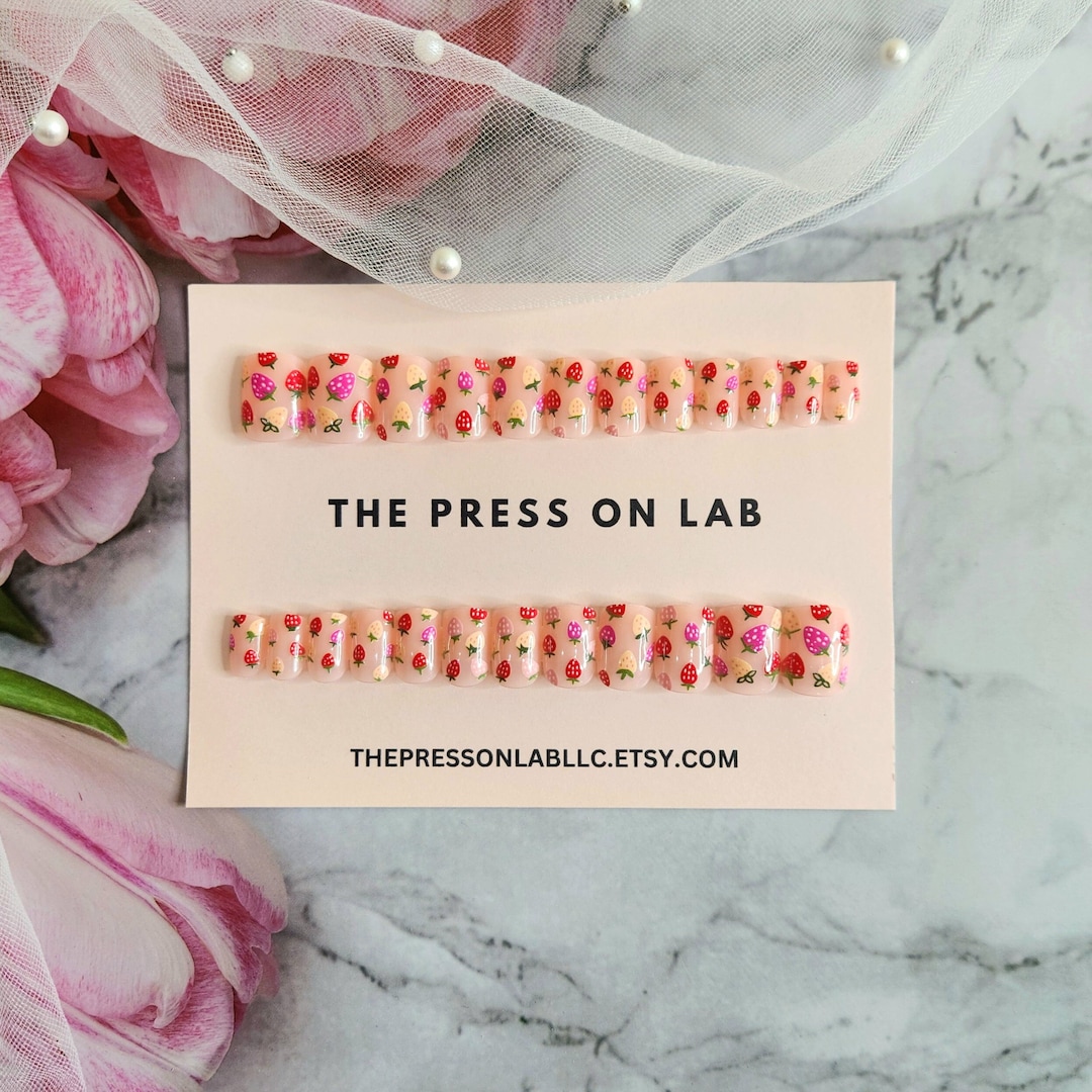 24 Pcs Cute Square Strawberry Press on Nails, Square Strawberries Fake ...