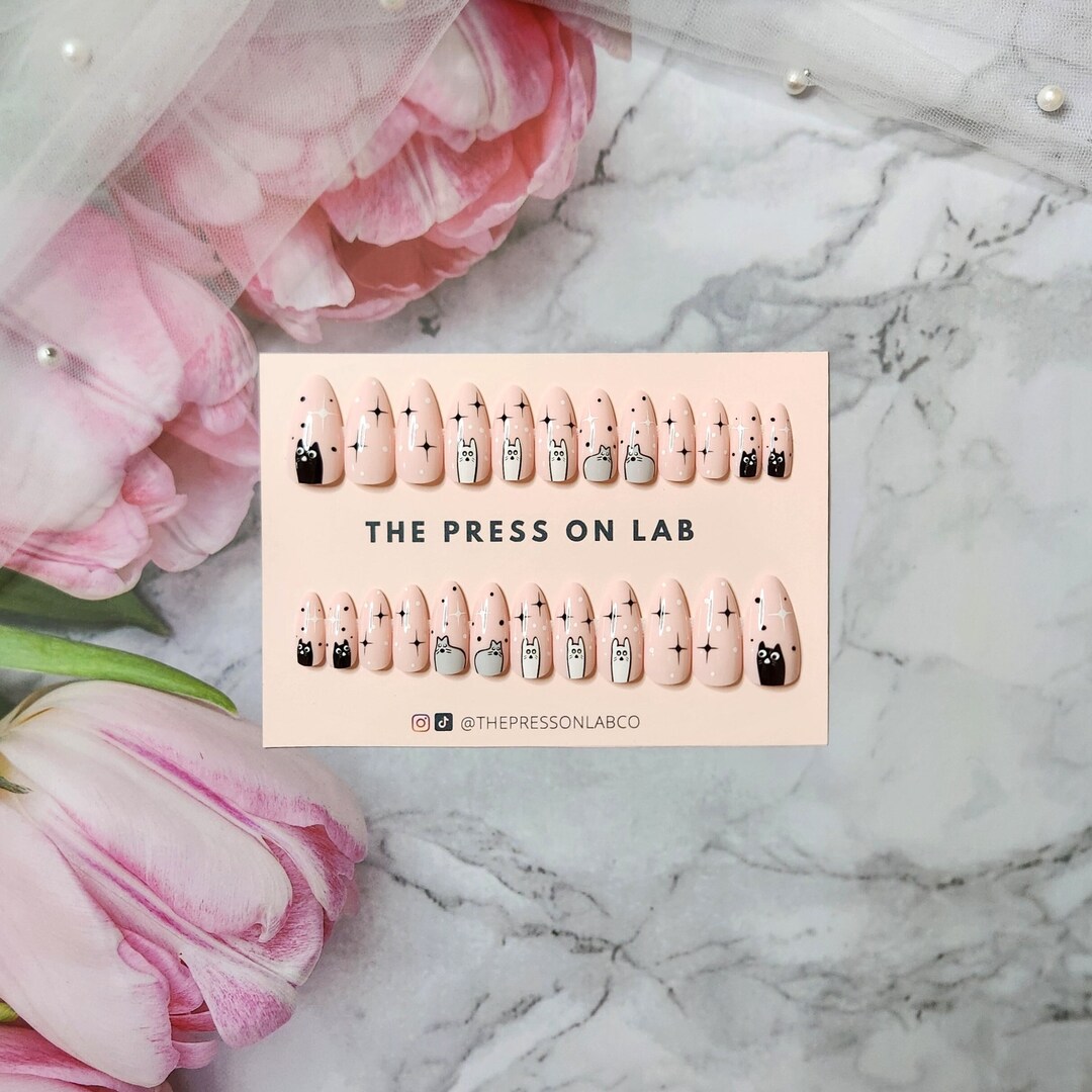 24 Pcs Cute Cats Patterns Press on Nail, Cat Design Press on Nails ...