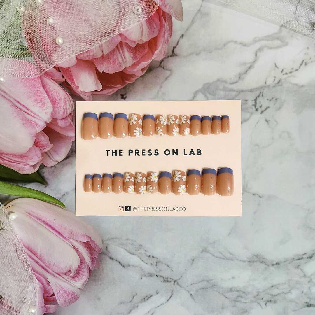 24 Pcs Square Purple French Flower Press on Nail, Daisy Press on Nails ...