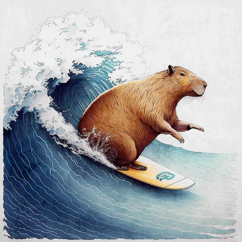 Capybara Surfing Big Wave, Digital Download for DIY Prints, Unique and ...