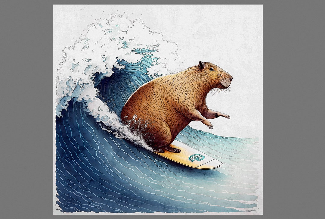 Capybara Surfing Big Wave, Digital Download for DIY Prints, Unique and ...