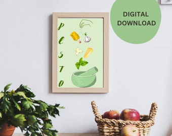 Pesto Pasta Art Print, Pesto Penne Poster, Pesto Wall Art, Italian Food ...