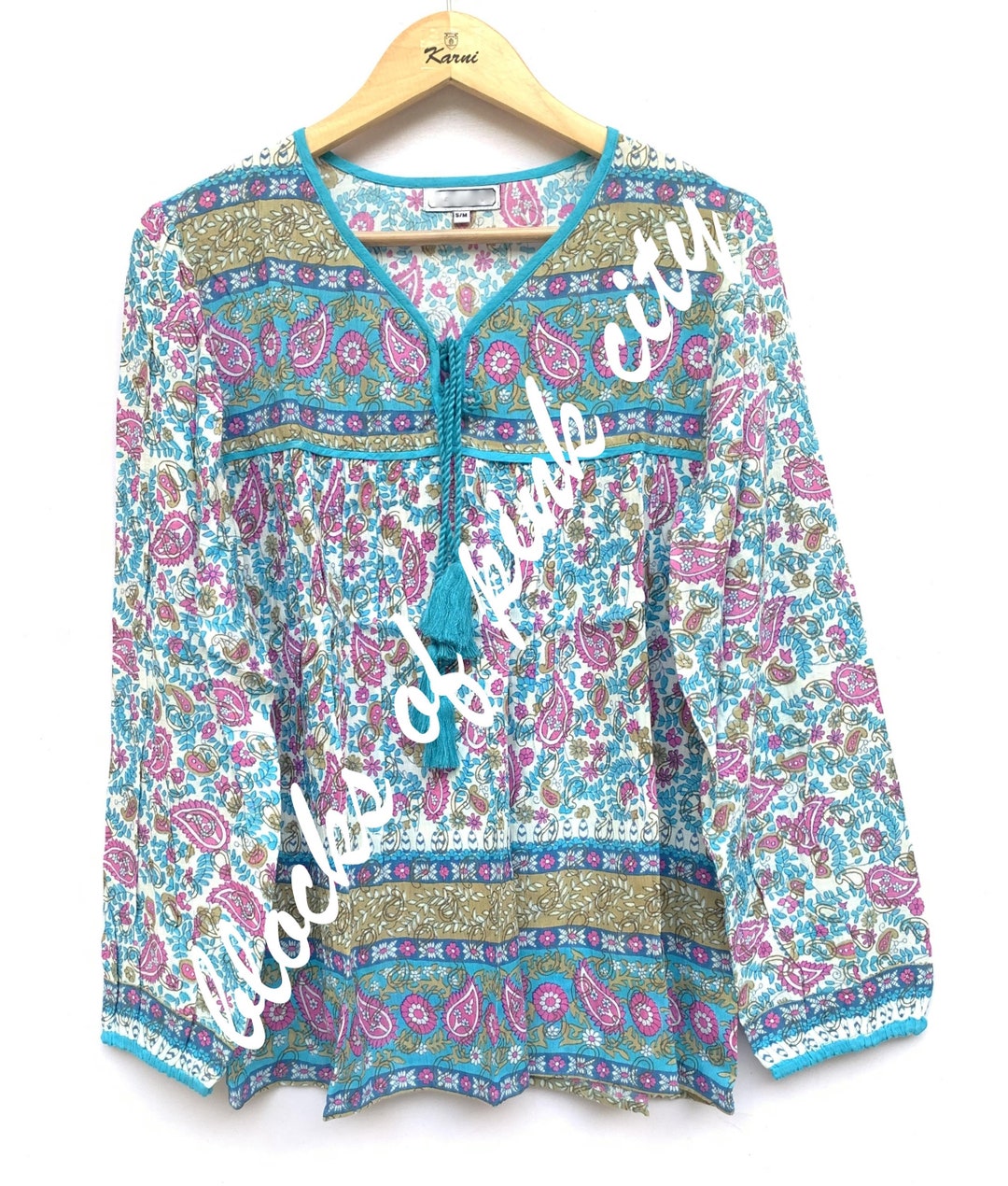 Bohemian Blue -pink Floral Screen Printed Women's Tops and Blouse - V Neckline With Tassels ...