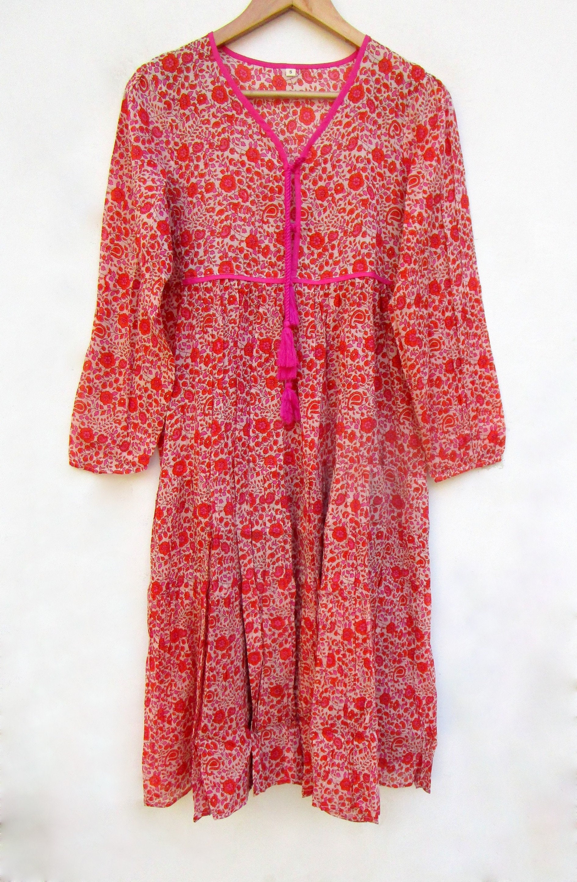 Screen Printed Cotton Summer Mini Maxi Dress V Neckline With Tassel ...