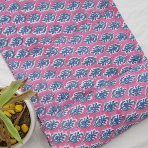 Pink and Blue Indian Block Print Fabric - 100% Cotton Cambric - Hand ...