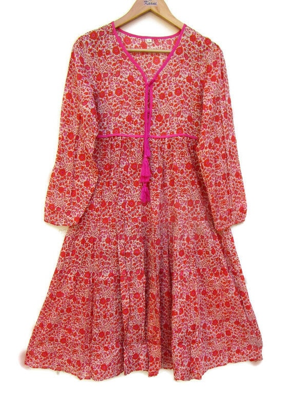Screen Printed Cotton Summer Mini Maxi Dress V Neckline With Tassel ...