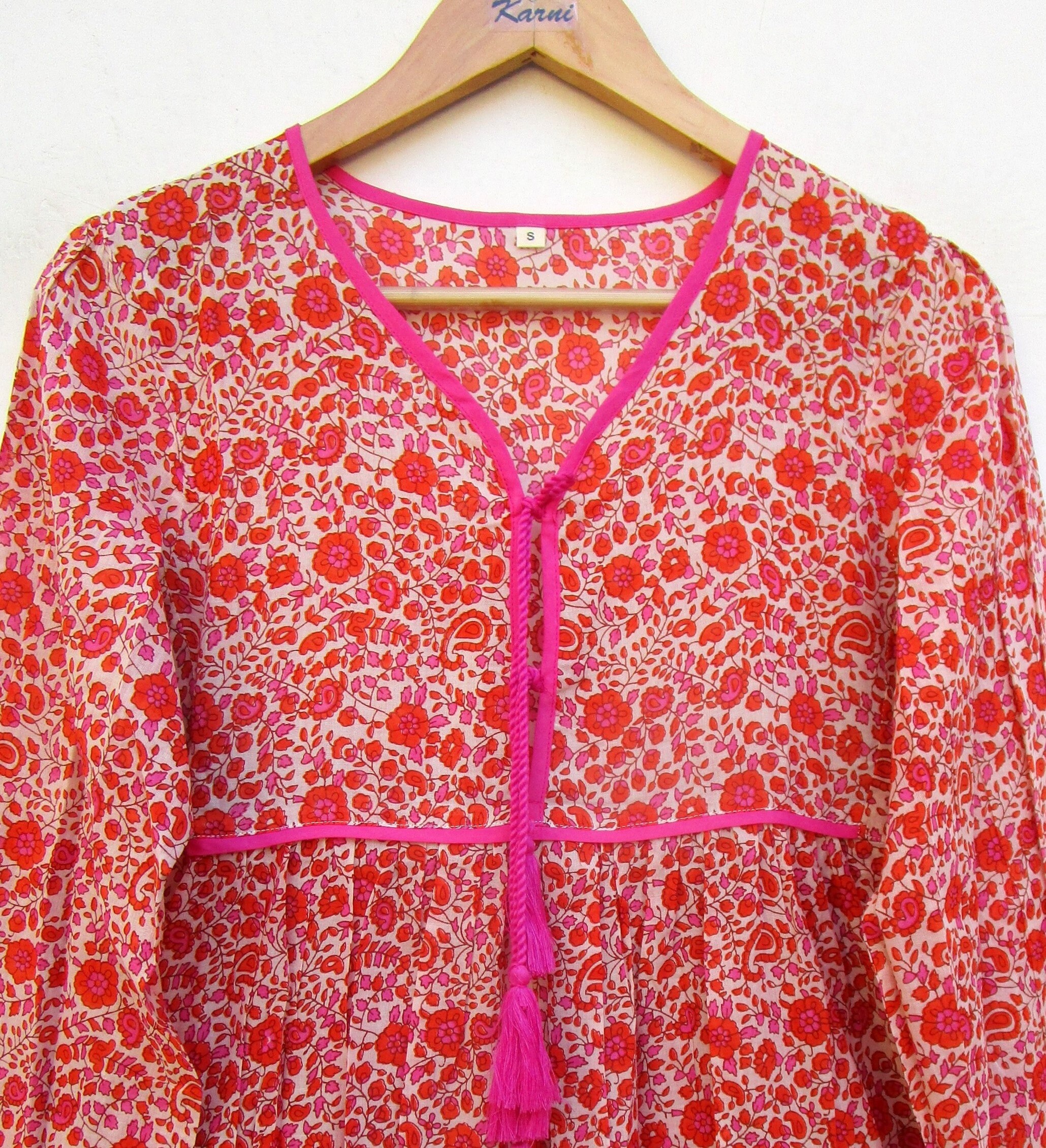 Screen Printed Cotton Summer Mini Maxi Dress - V Neckline With Tassel ...