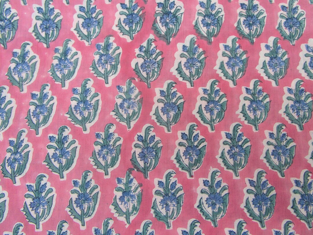 Pink and Blue Indian Block Print Fabric - 100% Cotton Cambric - Hand ...
