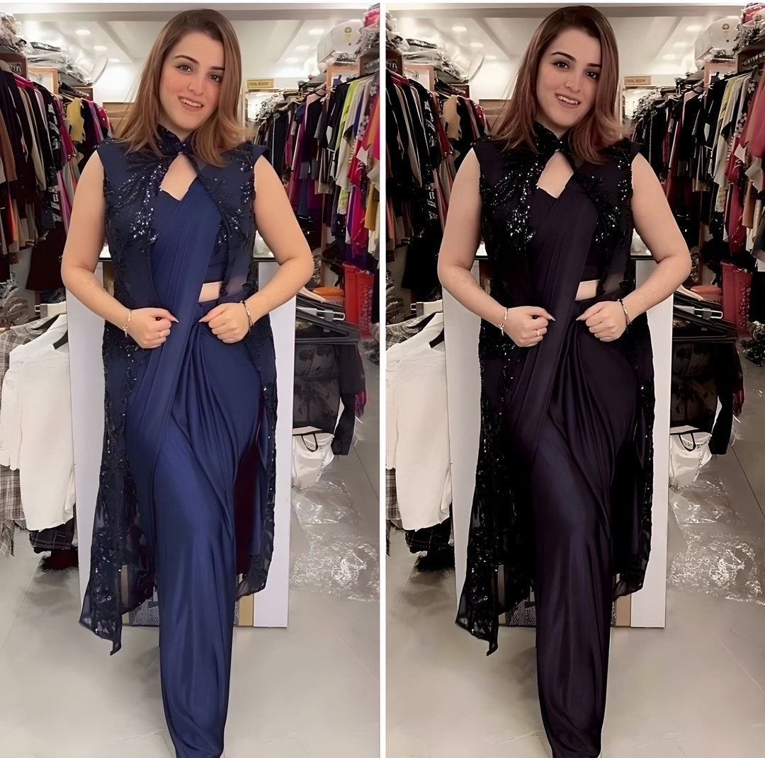 Blue Black Saree for Women Indowestern Partywear Saree With Koti ...