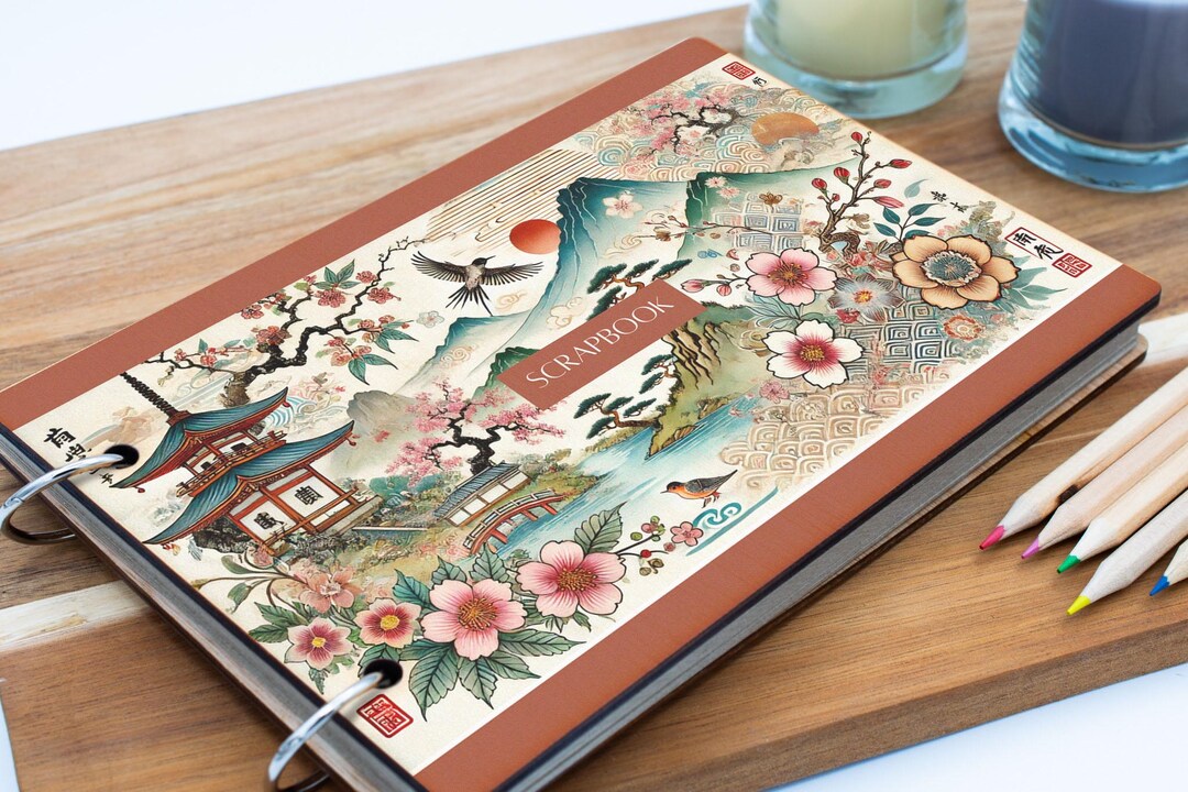 Japanese Art Watercolour Scrapbook With Pagoda Illustration and Floral ...